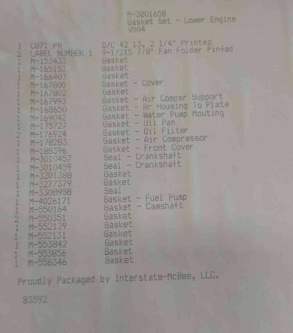 LOWER GASKET SET V504, WITH CRANKSHAFT SEALS - JUEGO JUNTAS INFERIOR